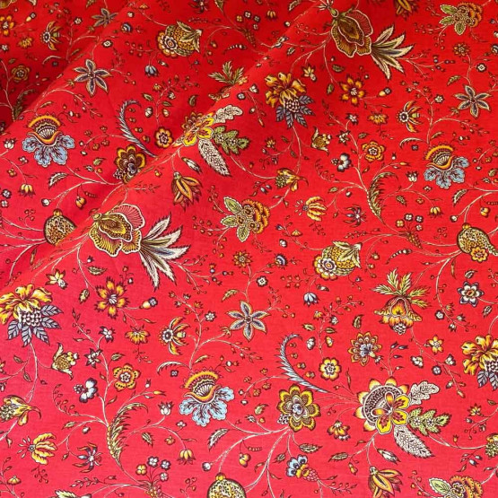 Tissu Indien au mètre coton Holi fleur rouge largeur 1m60